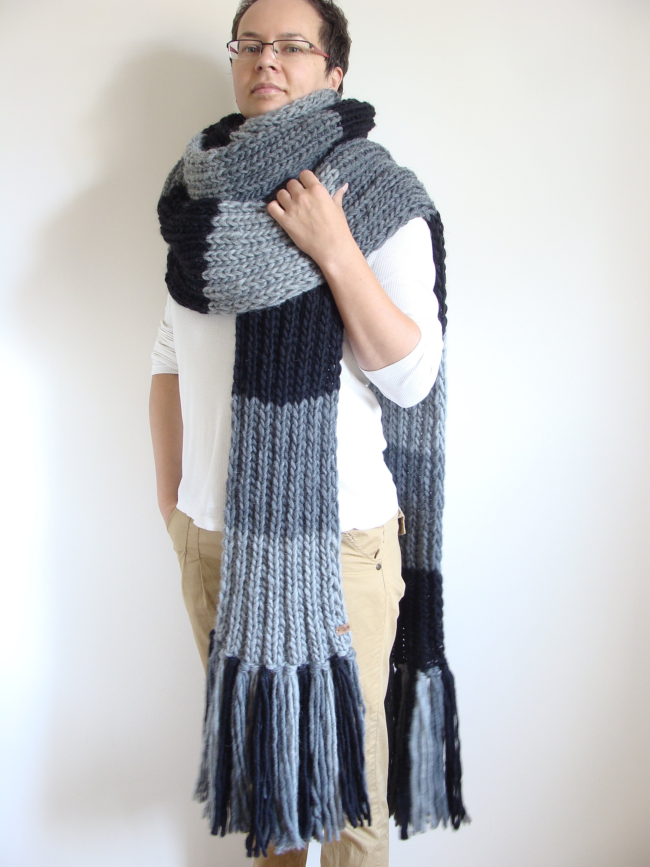 Wool Winter Fringe Scarf, Chunky Knit Oversized Striped Scarf, Giant ...