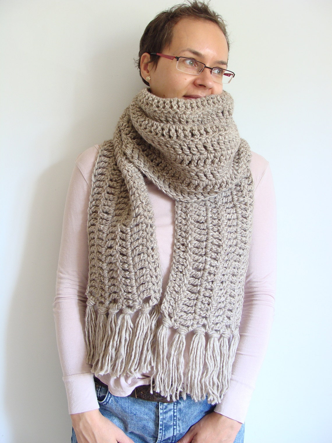 Extra Long Crochet Scarf Taupe Boho Wrap Scarf Large Wool - Etsy