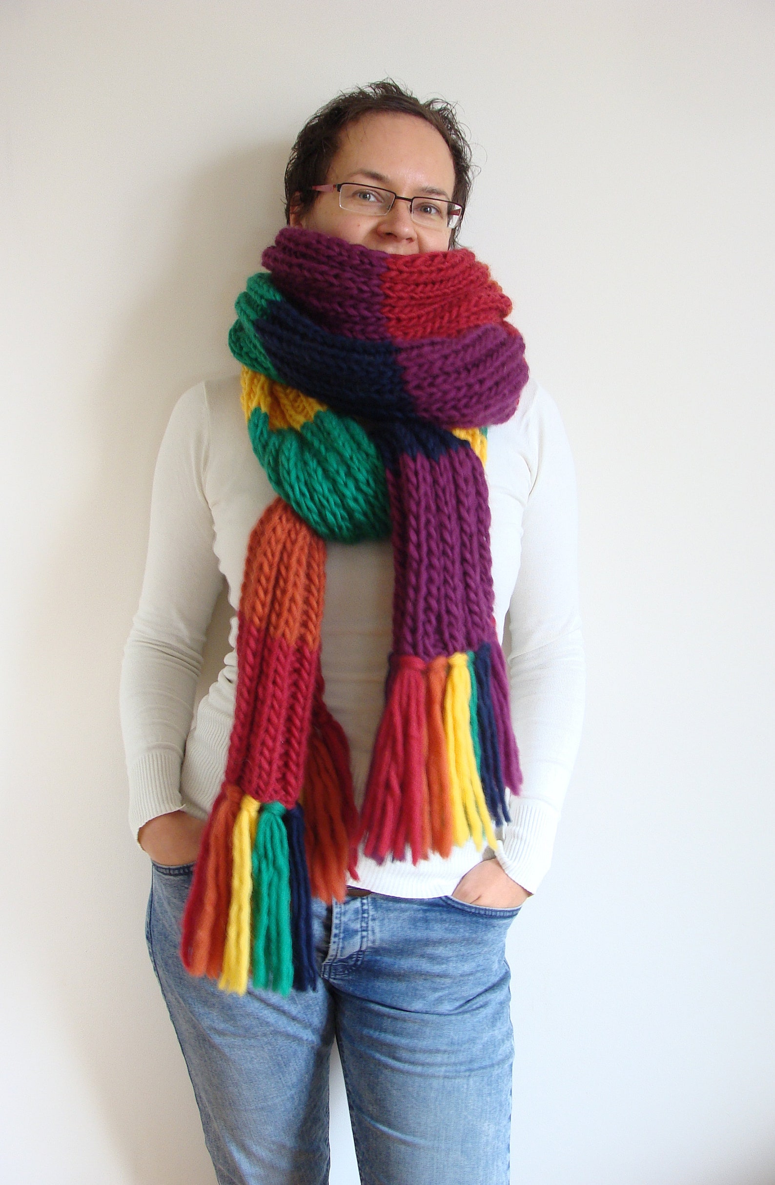Rainbow Knit Scarf Giant Colorful Scarf Huge Knitted Fringe - Etsy