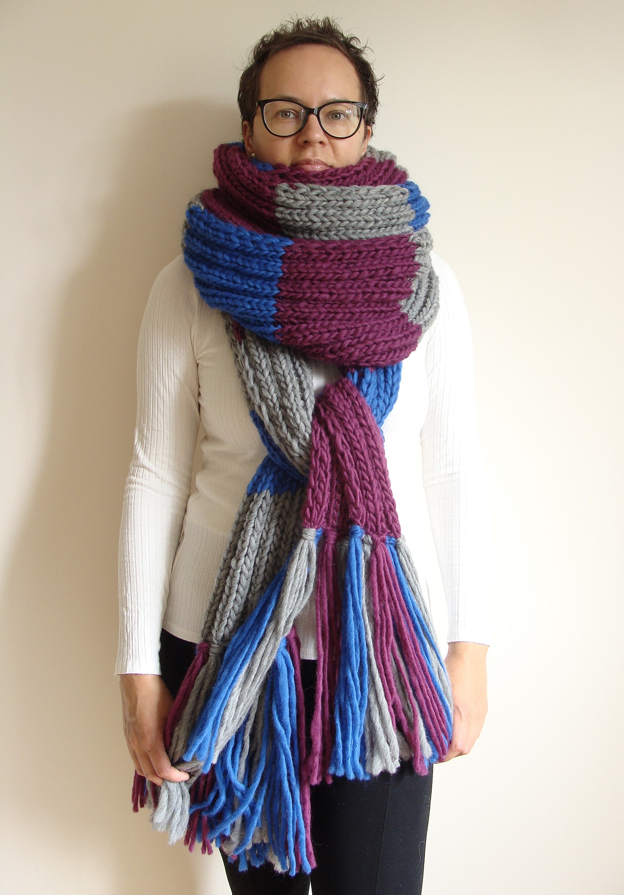 Wool Winter Fringe Scarf, Chunky Knit Oversized Striped Scarf, Giant ...