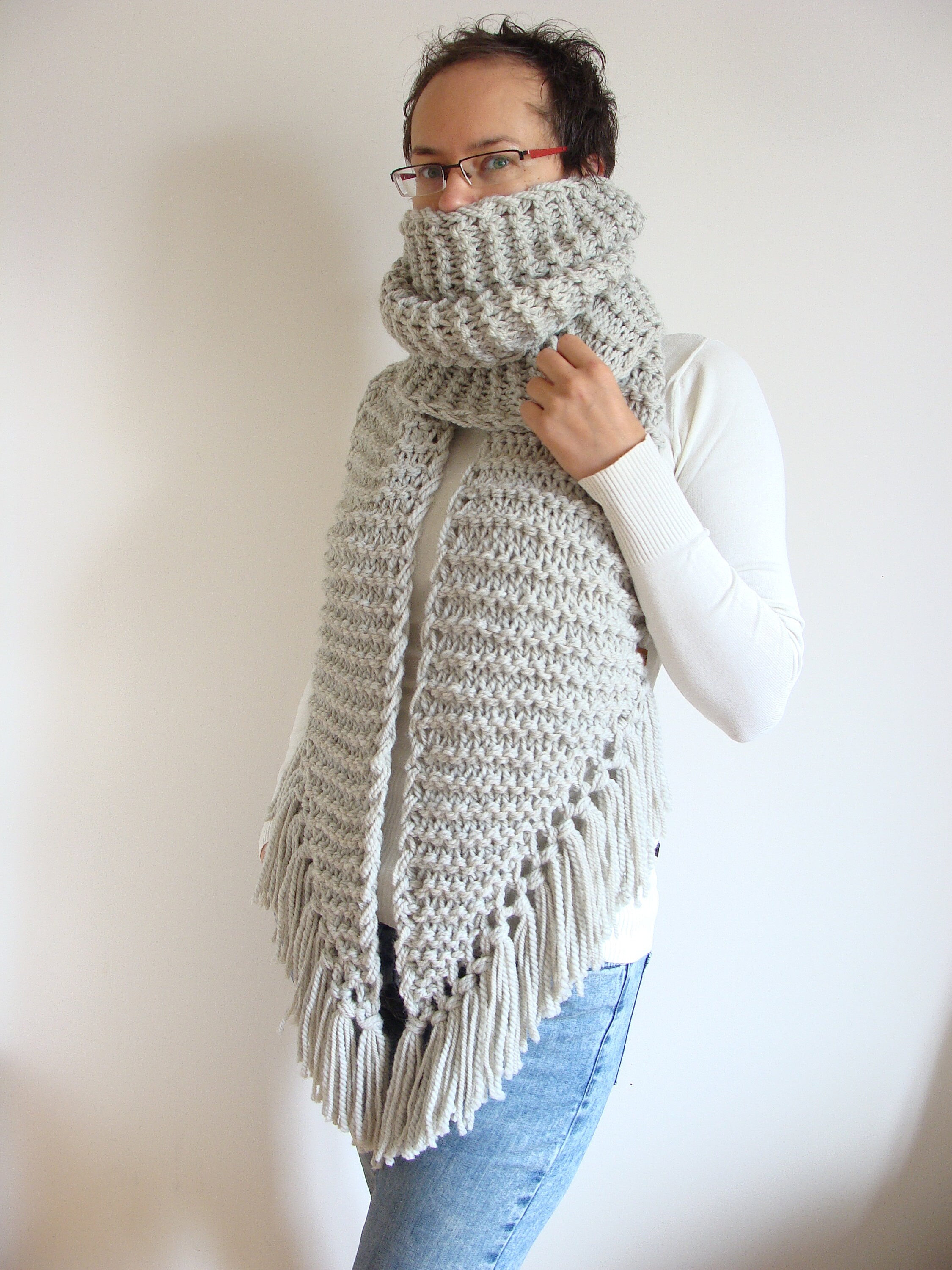 Chunky Knit Extra Large Scarf, Wide Asymmetrical Wool Scarf, Oversized ...