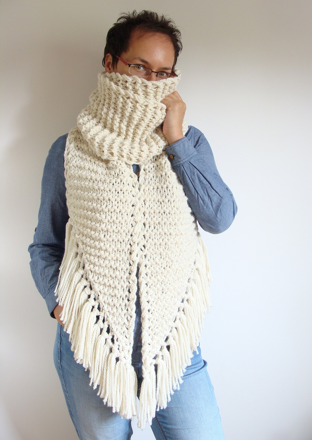 Chunky Knit Extra Large Scarf, Wide Asymmetrical Wool Scarf, Oversized ...