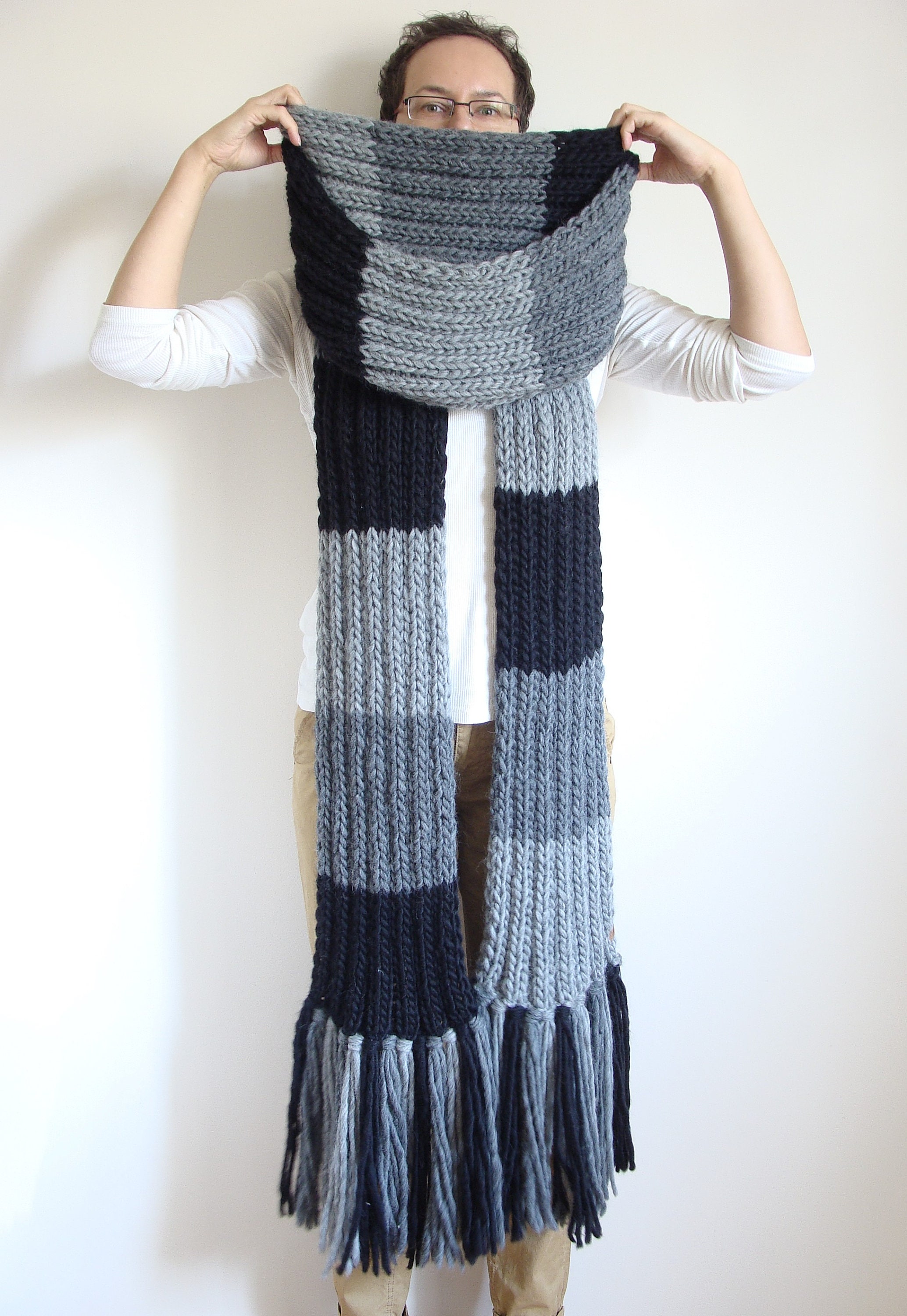 Wool Winter Fringe Scarf, Chunky Knit Oversized Striped Scarf, Giant ...