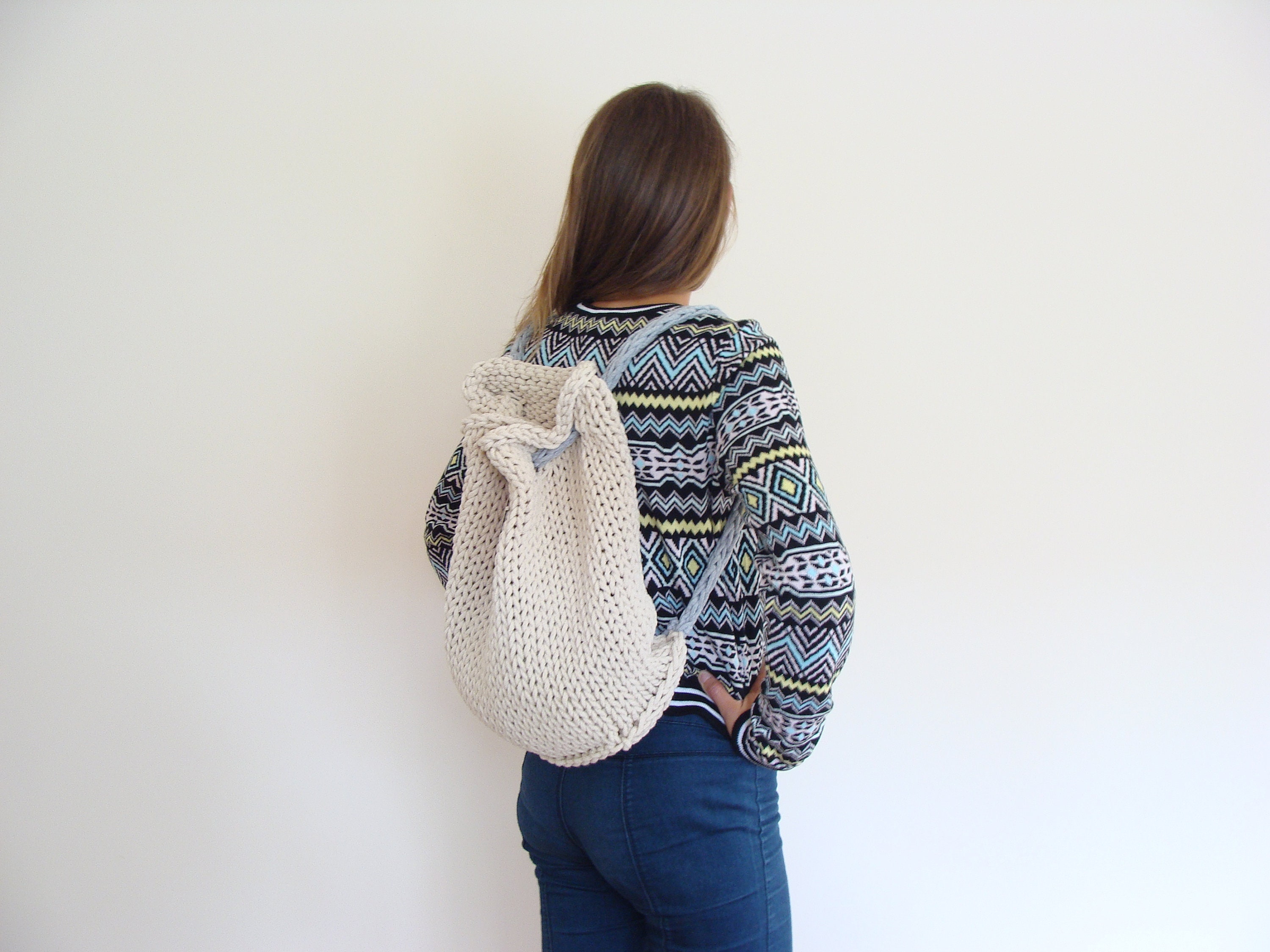 Knit Cotton Sack Backpack Women's Drawstring Backpack - Etsy