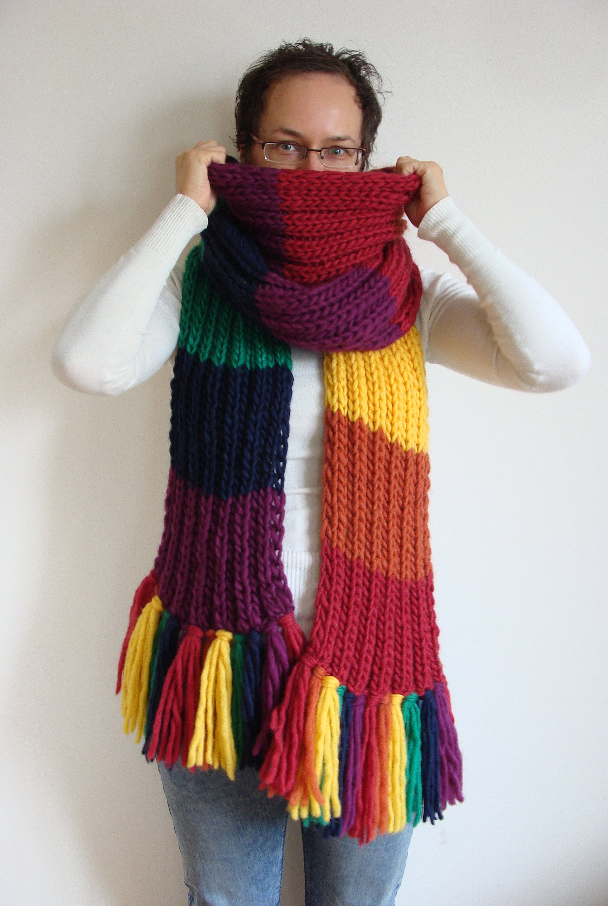 Rainbow Knit Scarf Giant Colorful Scarf Huge Knitted Fringe - Etsy