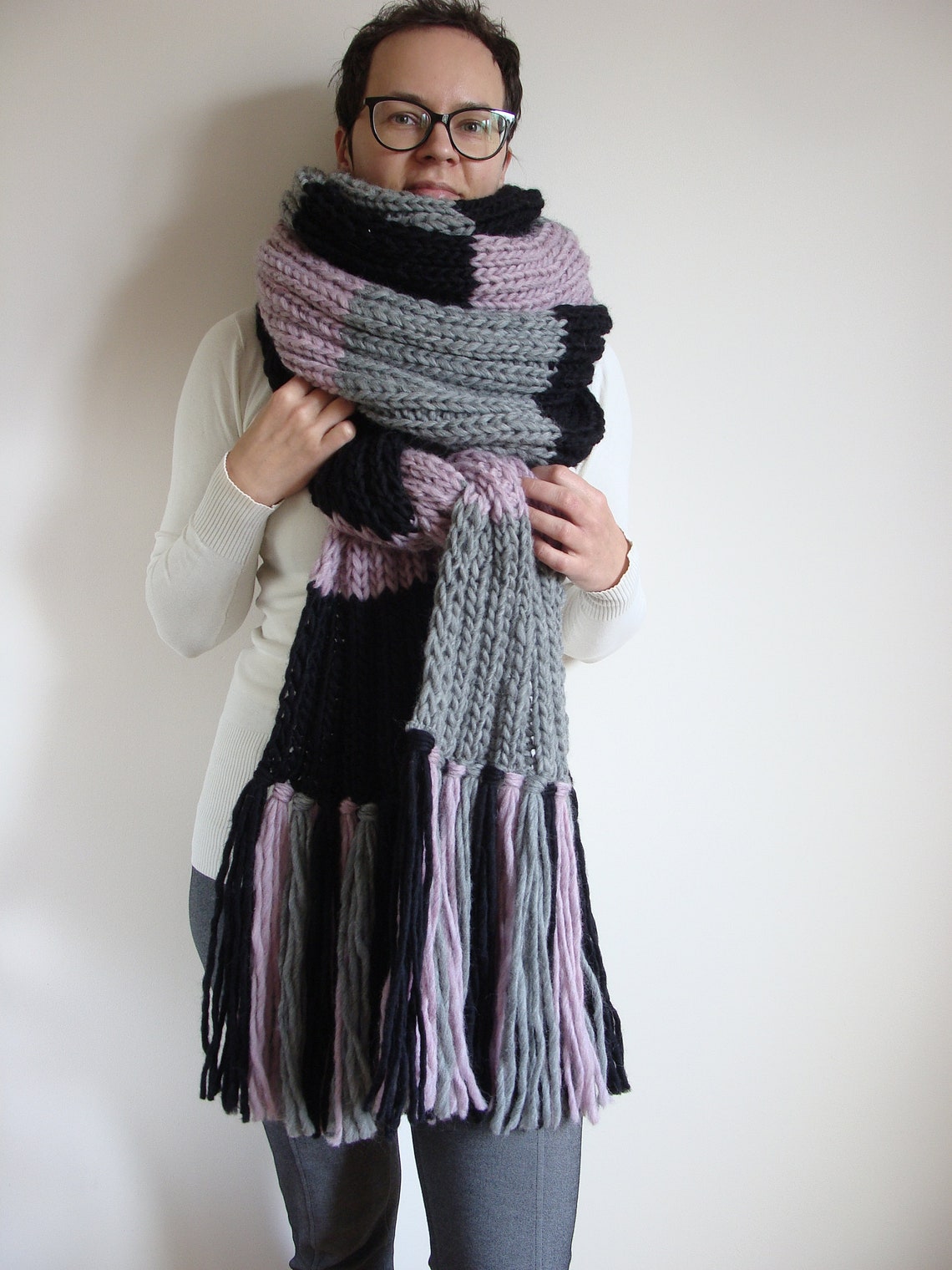 Wool Winter Fringe Scarf, Chunky Knit Oversized Striped Scarf, Giant ...