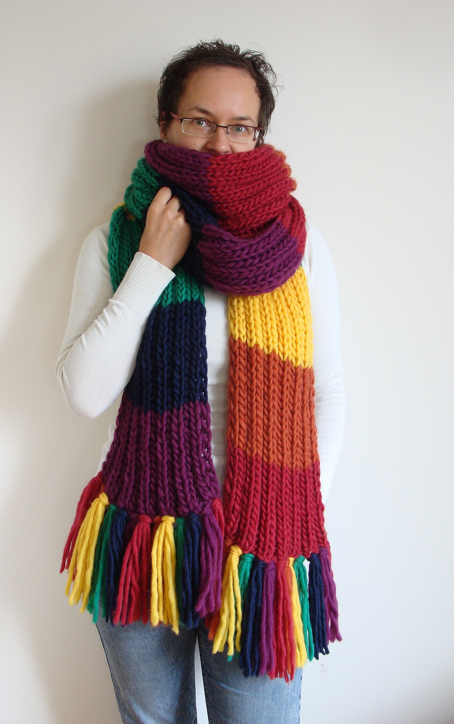 Rainbow Knit Scarf, Giant Colorful Scarf, Huge Knitted Fringe Scarf ...