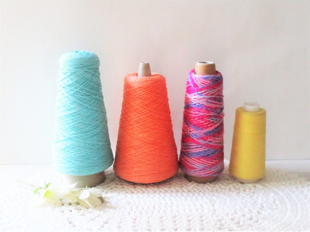 4 Vintage Colorful Thread Yarn Cones Aqua Blue Sunny Yellow Coral Pink ...
