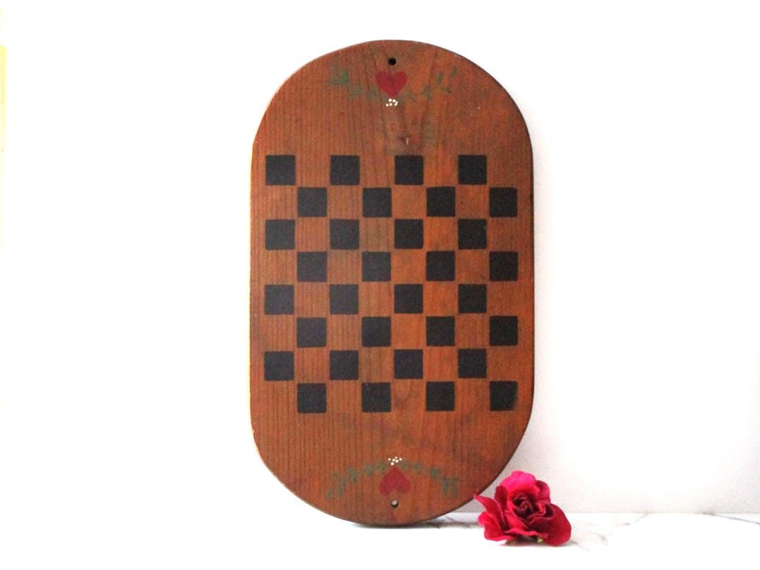 Vintage Oval Wooden Checkerboard Rustic Primitive Hand Painted Folk Art ...