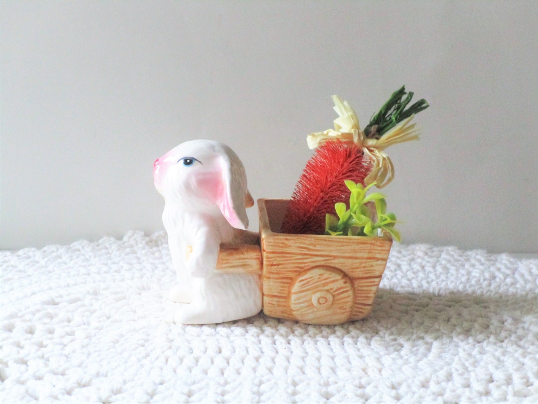 Vintage Rabbit Pulling Cart Wagon Painted Ceramic White Floppy Eared ...