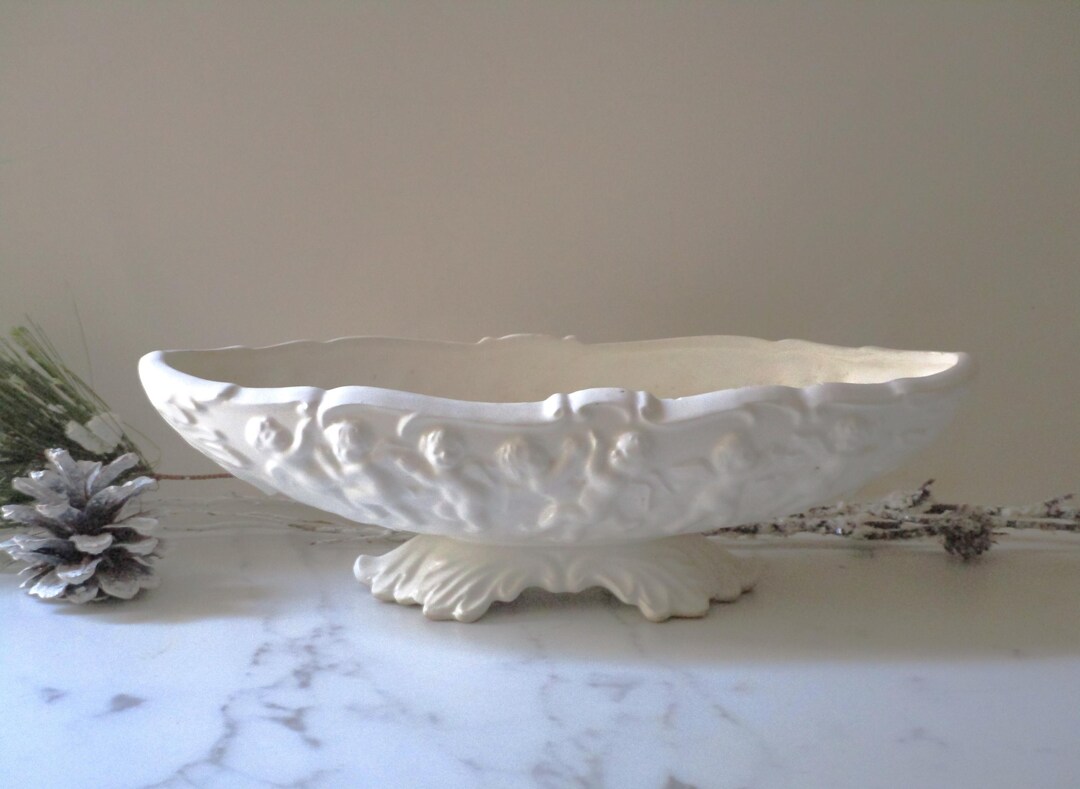 Vintage Inarco Cherub Planter Bowl Ceramic White Oval Pedestal Cherub ...