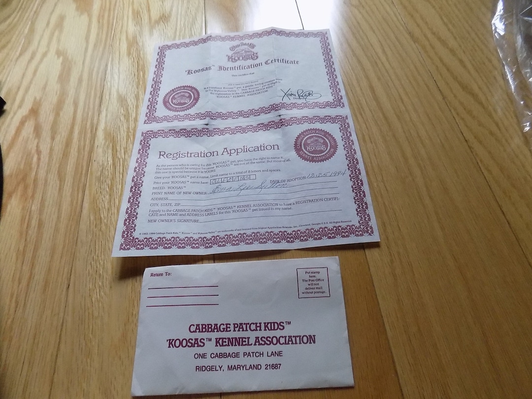 Cabbage Patch Kids Birth Certificate Adoption Papers Koosas CPK Vintage ...