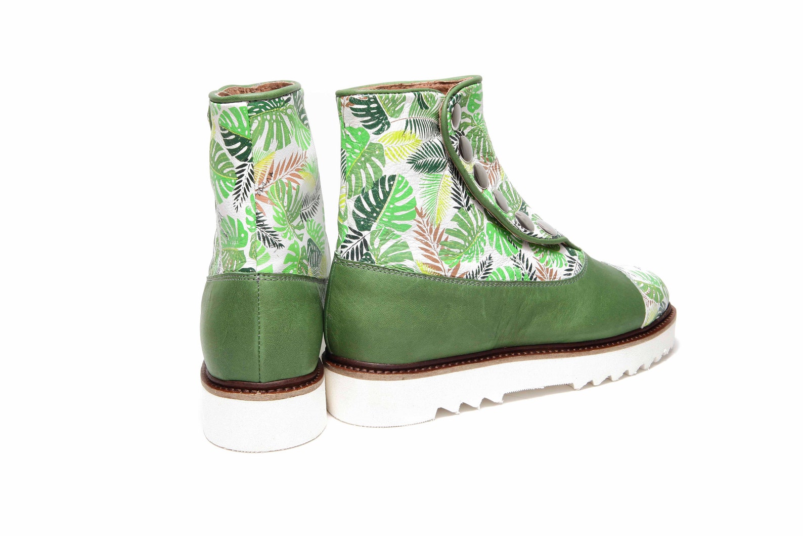 Green Leather Boots/ Oxford Shoes/ Floral Print Ankle Boots/ | Etsy