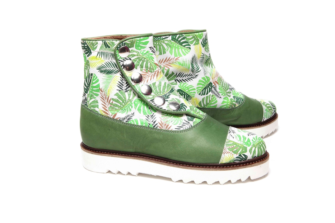 Green Leather Boots/ Oxford Shoes/ Floral Print Ankle Boots/ | Etsy