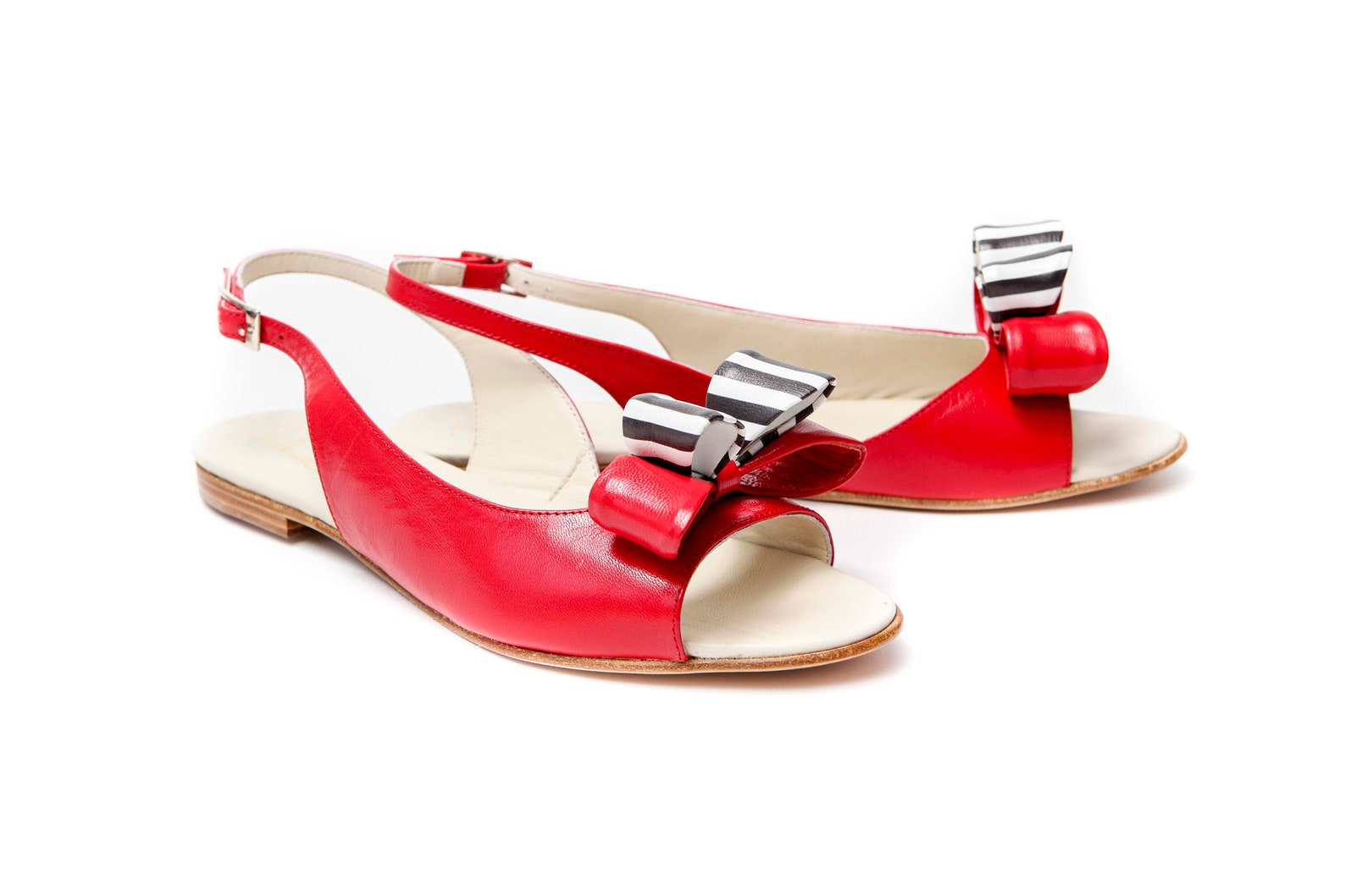 Red Leather Slingback Open Toe Sandals Flats Embellished With - Etsy
