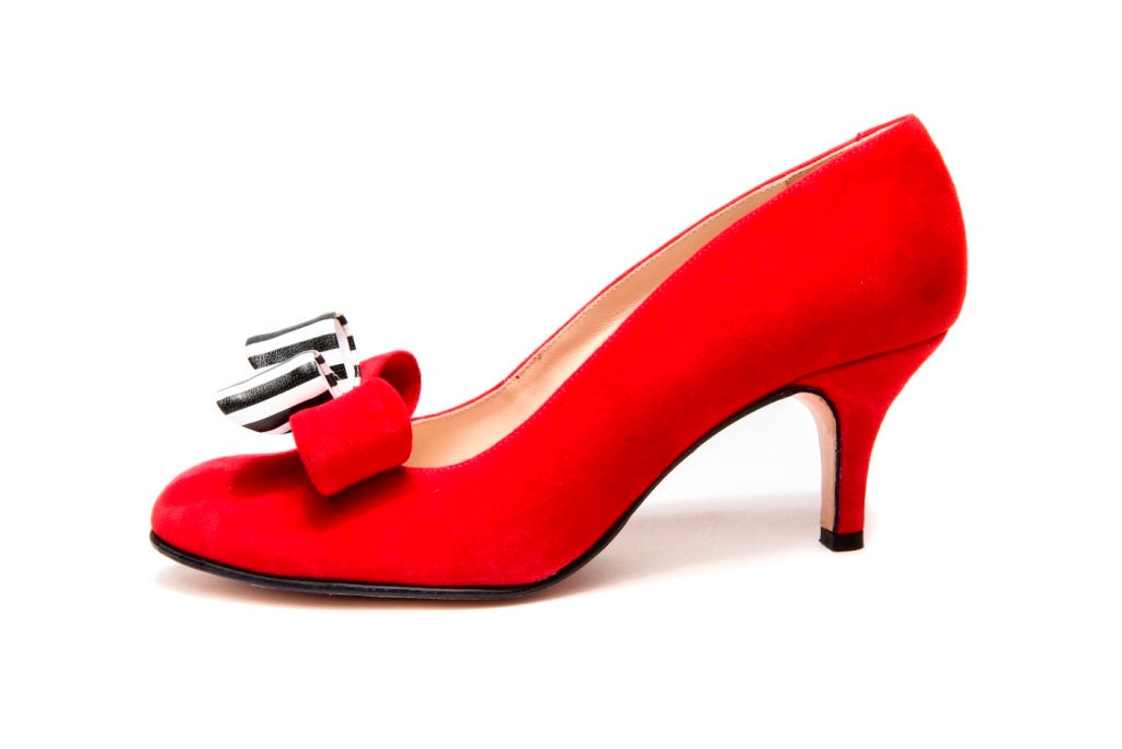 Red Leather Classic Pumps With Bow/ Mid Heel Kitten Shoes/ - Etsy