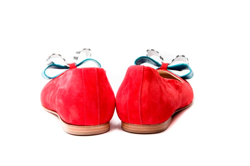 Red Leather Ballet Flats With Double Bow/ Handmade Slip on - Etsy
