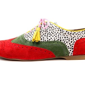 Women's Oxford Shoes, Red and Chartreuse Green Ballet Flats, Leather ...