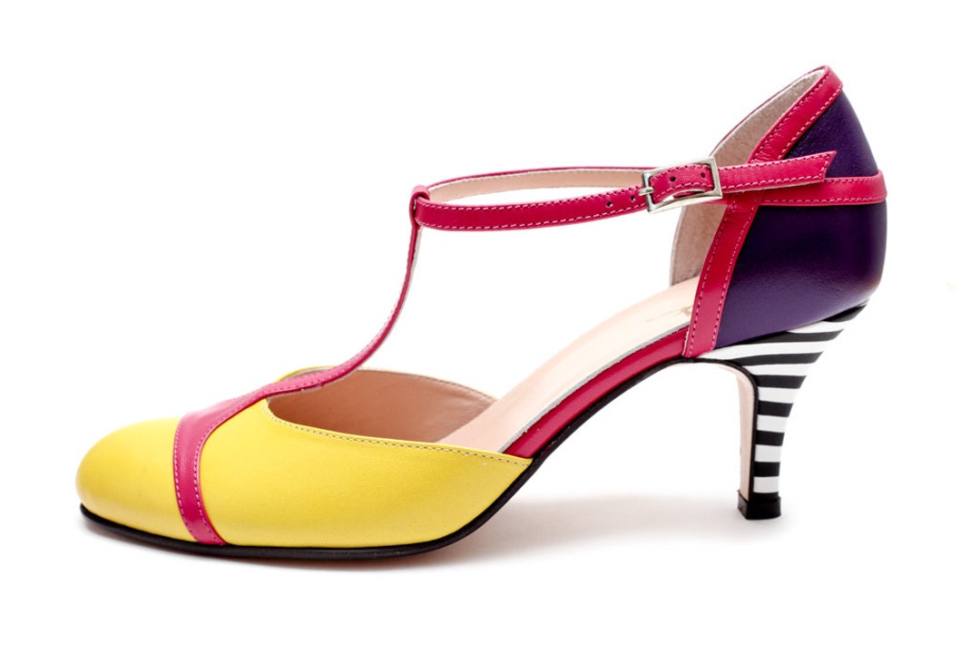 Handmade Mid Heel Color Block Pumps/ Women's Shoes/ Tbar Strap Shoes ...