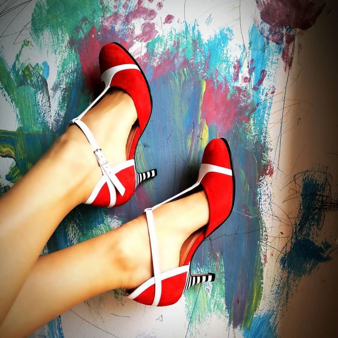 Red Handmade Mid Heel Shoes/ Tbar Strap Shoes/ Women's - Etsy