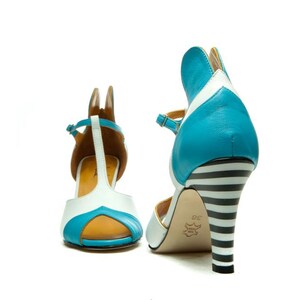 Blue Peep Toe Sandals/ High Heel Bridal Sandals/ White and Blue Wedding ...