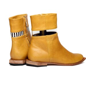 Women's Mustard Yellow Flat Ankle Boots With Asymmetric Cut and Unique ...