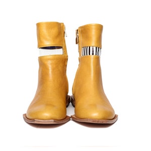 Women's Mustard Yellow Flat Ankle Boots With Asymmetric Cut and Unique ...