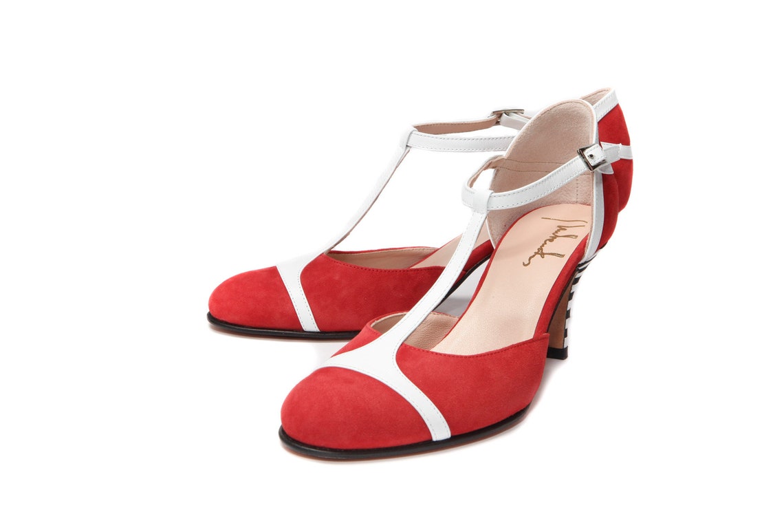 Red Handmade Mid Heel Shoes/ Tbar Strap Shoes/ Women's - Etsy