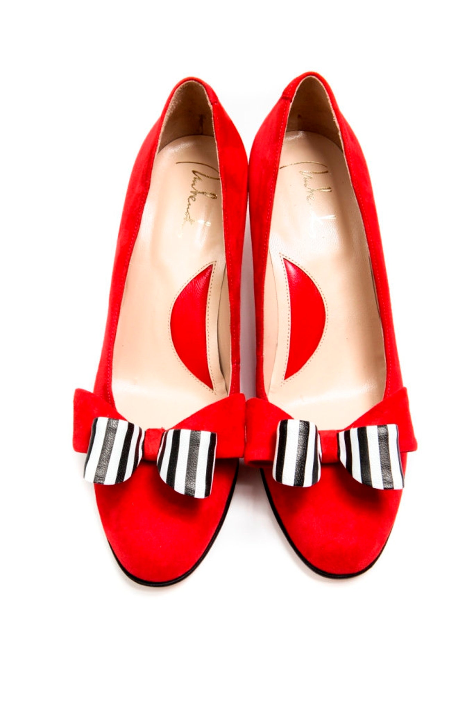 Red Leather Classic Pumps With Bow/ Mid Heel Kitten Shoes/ - Etsy