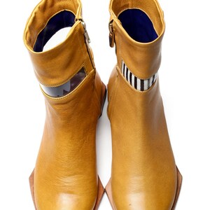 Women's Mustard Yellow Flat Ankle Boots With Asymmetric Cut and Unique ...
