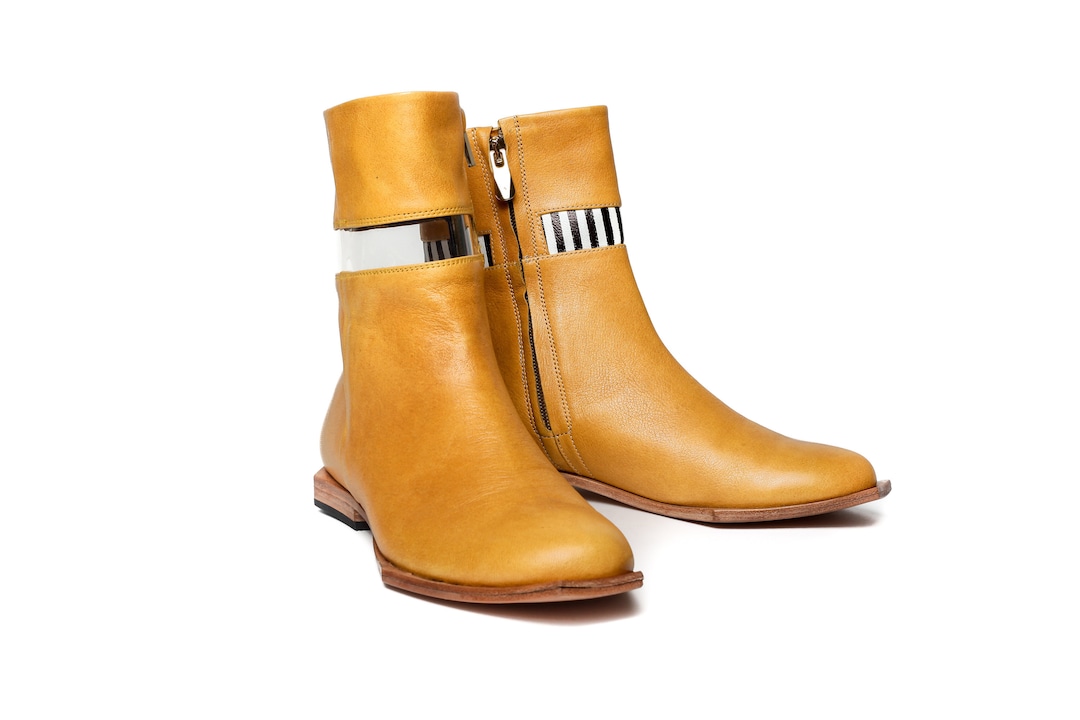 Women's Mustard Yellow Flat Ankle Boots With Asymmetric Cut and Unique ...