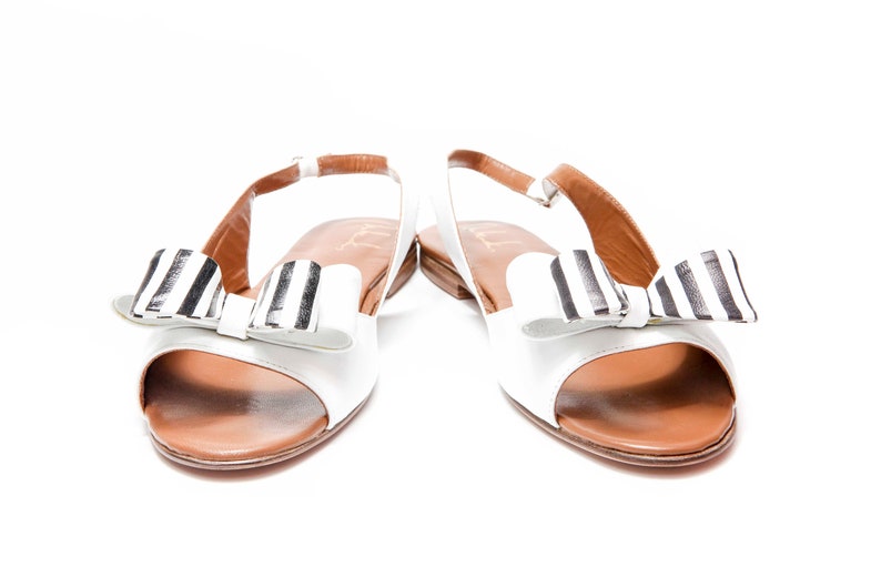 White Leather Slingback Flat Sandals/ Handmade Open Toe Bow - Etsy