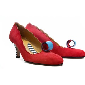 Scallop Edge Handmade Red Mid Heel Leather Pump/ Kitten Heel Red Shoes ...