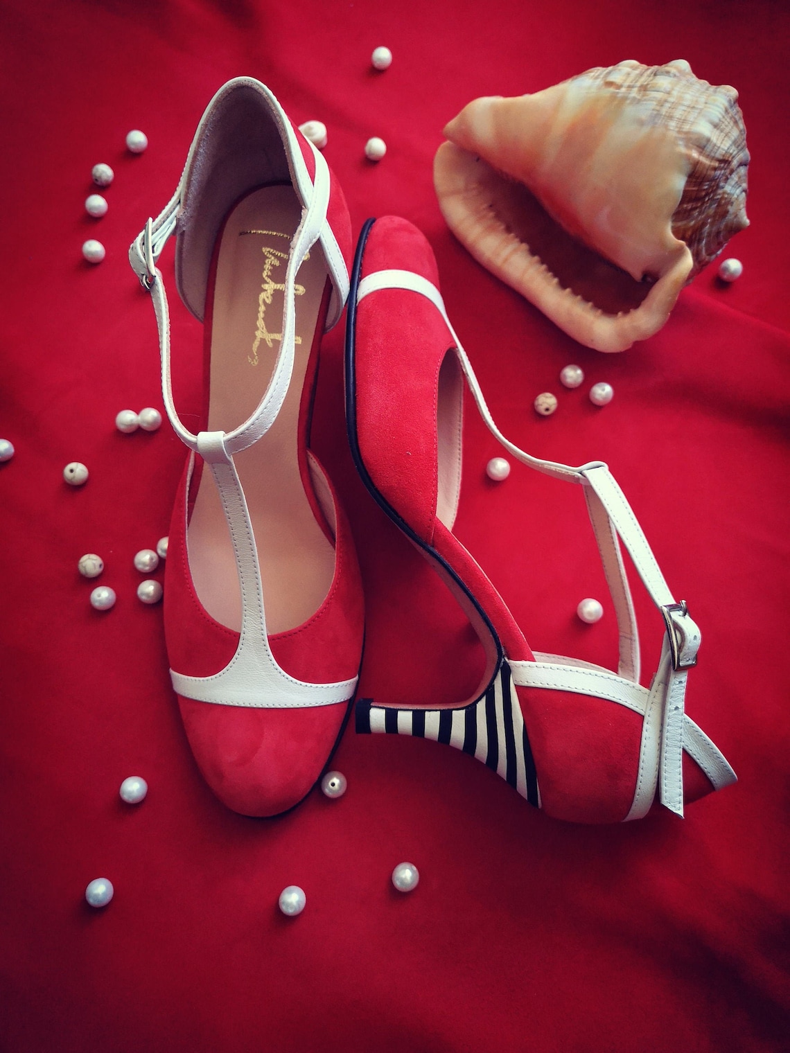 Red Handmade Mid Heel Shoes/ Tbar Strap Shoes/ Women's - Etsy