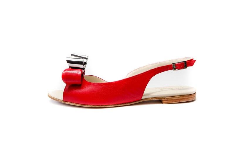 Red Leather Slingback Open Toe Sandals Flats Embellished With - Etsy