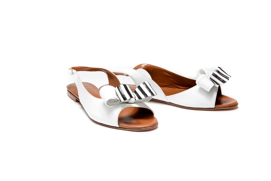 White Leather Slingback Flat Sandals/ Handmade Open Toe Bow | Etsy
