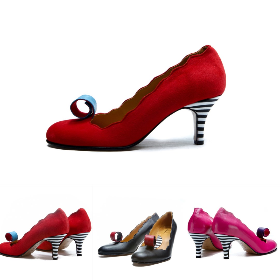 Scallop Edge Handmade Red Mid Heel Leather Pump/ Kitten Heel Red Shoes ...