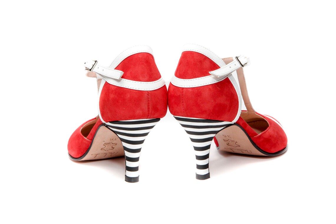 Red Handmade Mid Heel Shoes/ Tbar Strap Shoes/ Women's | Etsy