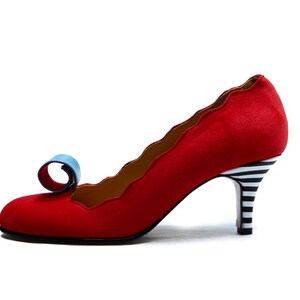 Scallop Edge Handmade Red Mid Heel Leather Pump/ Kitten Heel Red Shoes ...