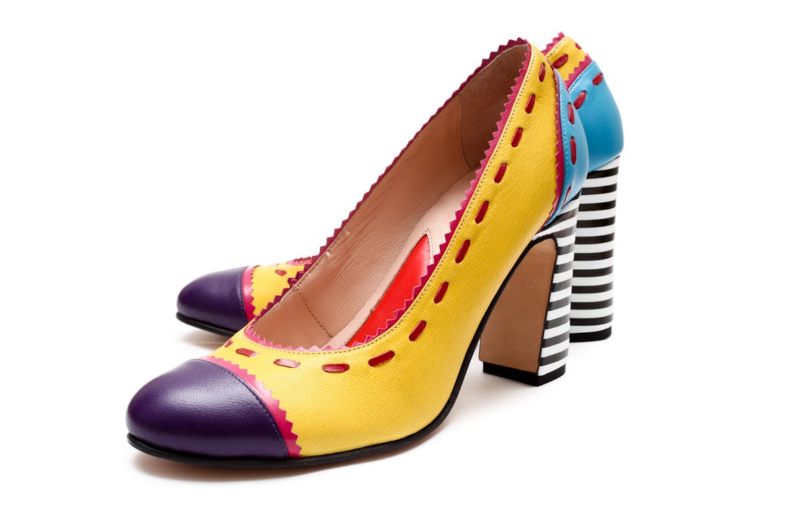 Color Block Leather Handmade Leather Pumps/ Yellow High Heels/ - Etsy