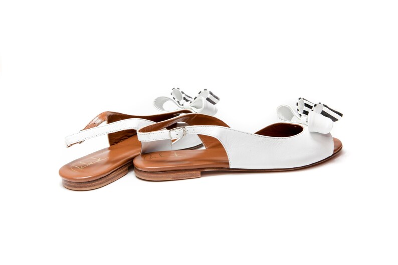 White Leather Slingback Flat Sandals/ Handmade Open Toe Bow - Etsy