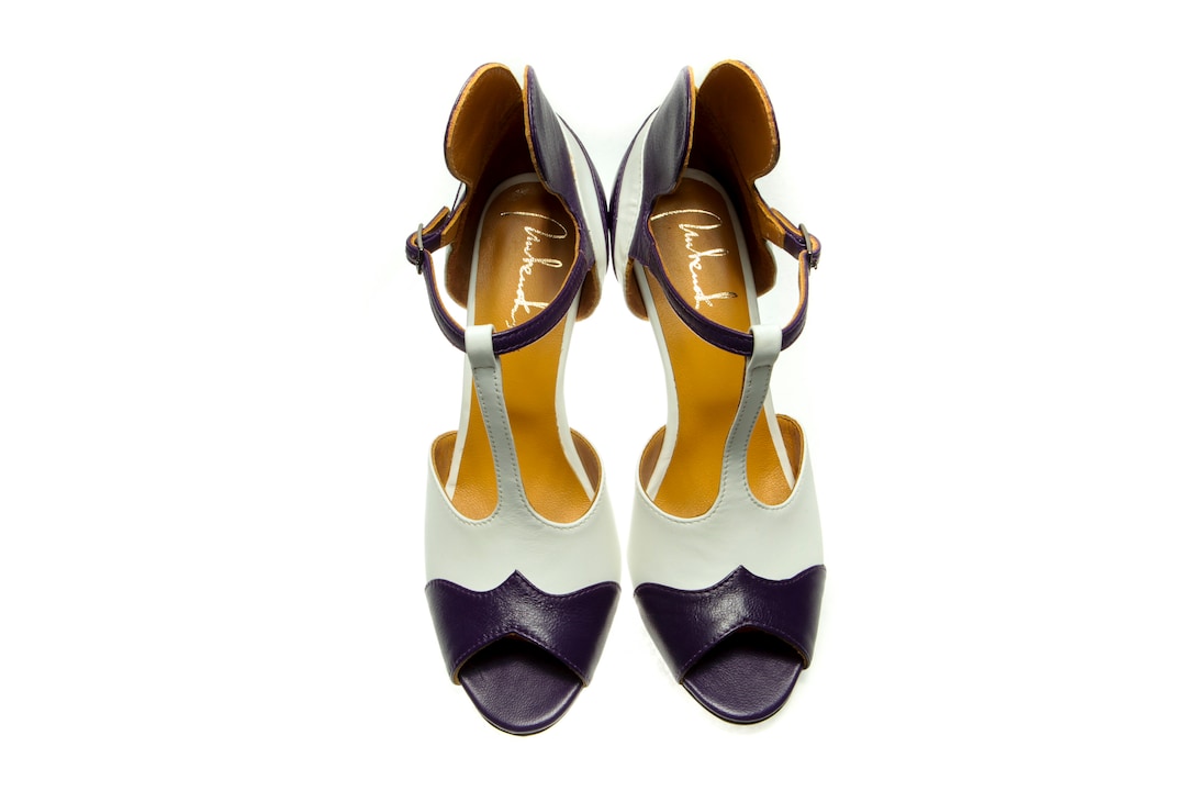 Purple Peep Toe Sandals/ High Heel Sandals/ Wedding Shoes/ T-bar Strap ...