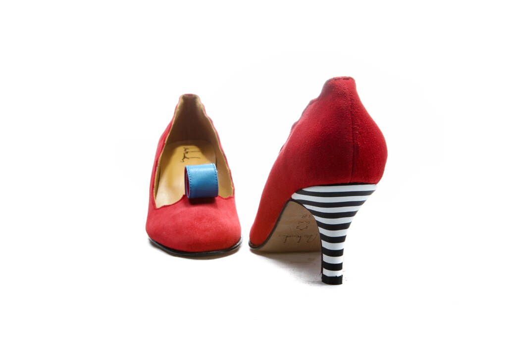 Scallop Edge Handmade Red Mid Heel Leather Pump/ Kitten Heel Red Shoes ...