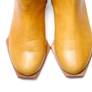 Women's Mustard Yellow Flat Ankle Boots With Asymmetric Cut and Unique ...