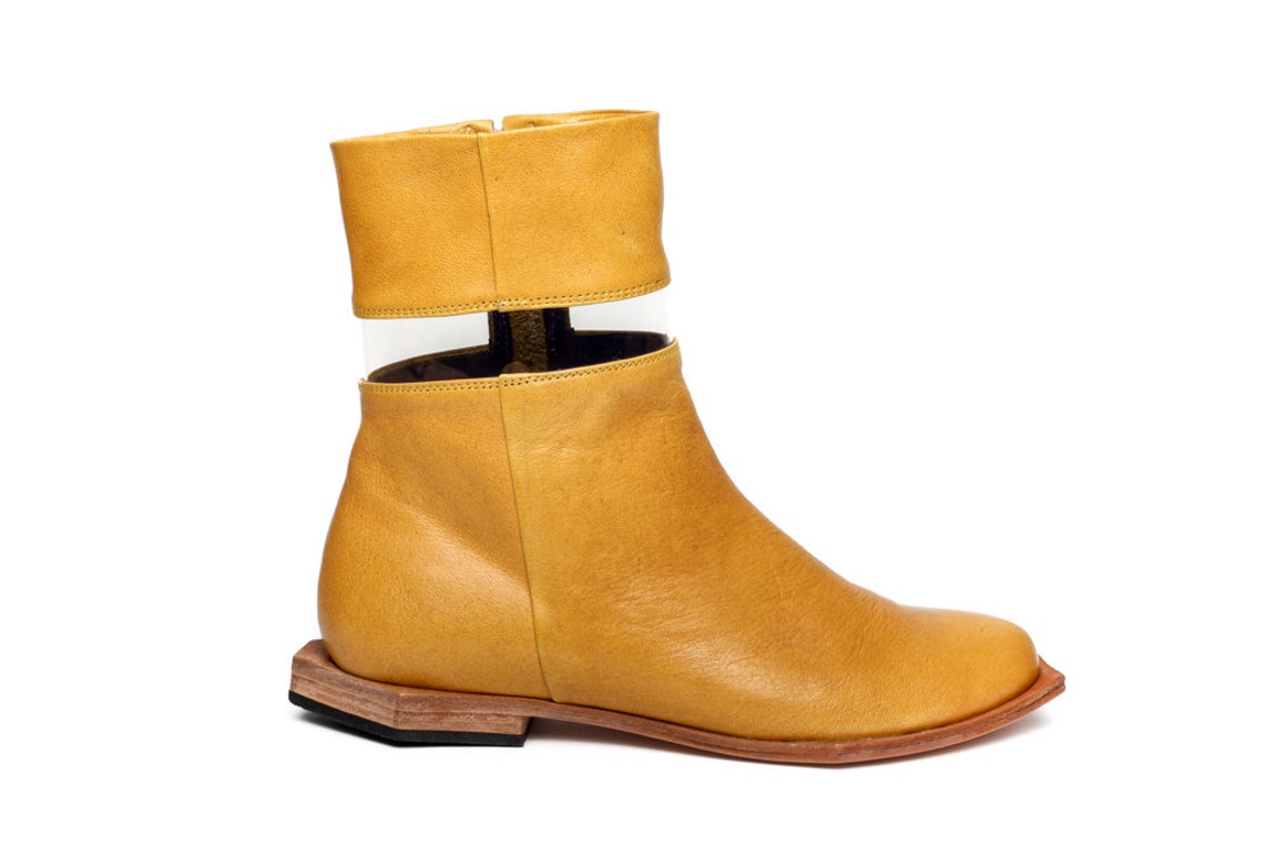 Women's Mustard Yellow Flat Ankle Boots With Asymmetric - Etsy