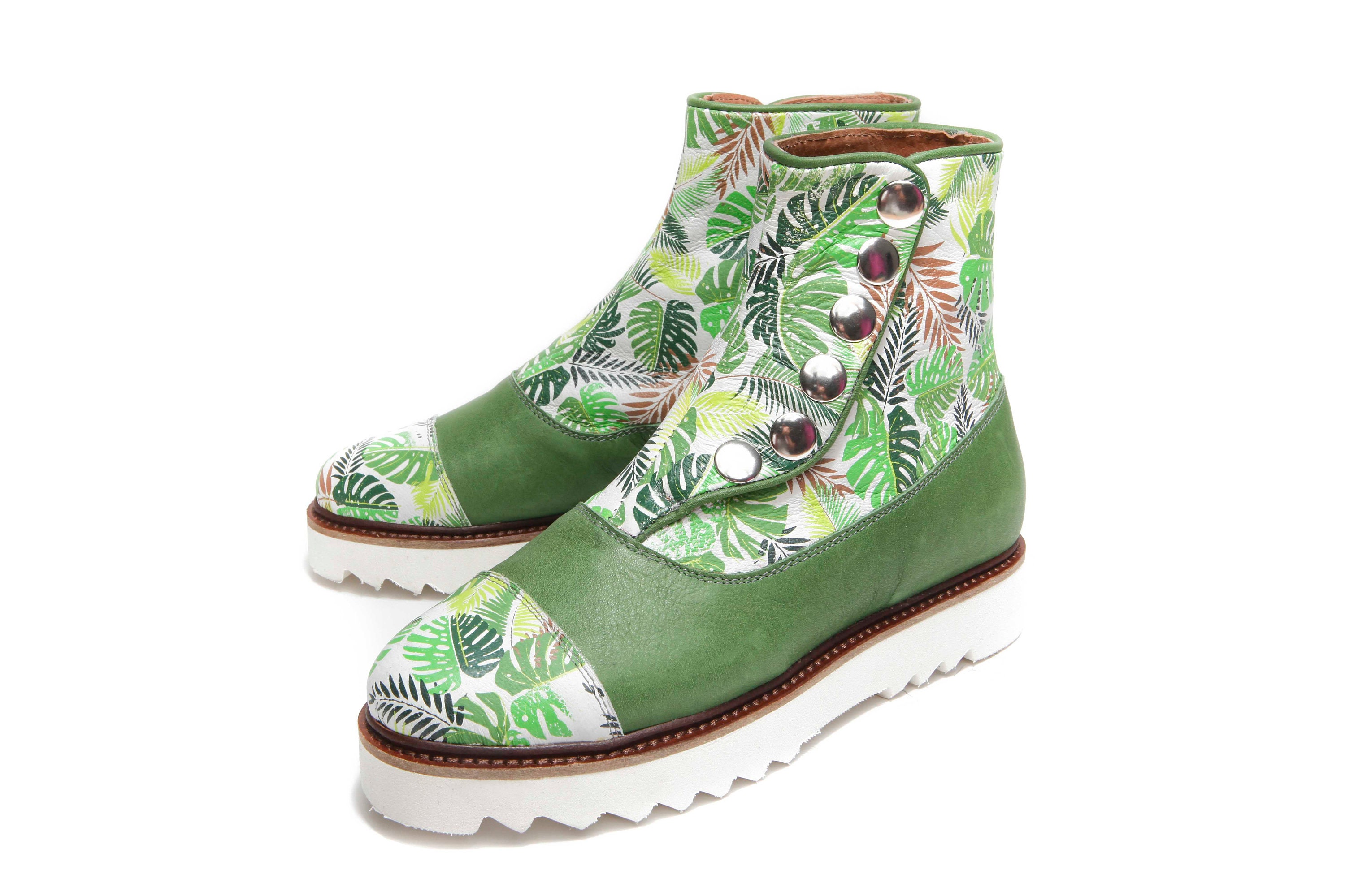 Green Leather Boots/ Oxford Shoes/ Floral Print Ankle Boots/ - Etsy