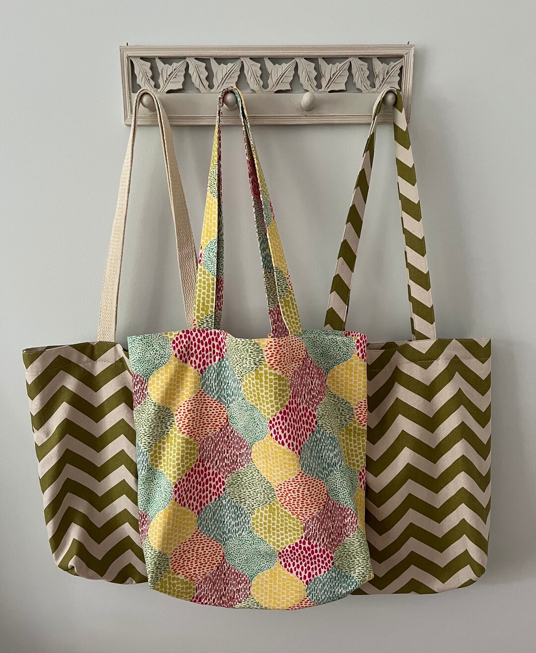 Lined Canvas Reusable Fabric Shopping Tote - Handmade - Chevron ...