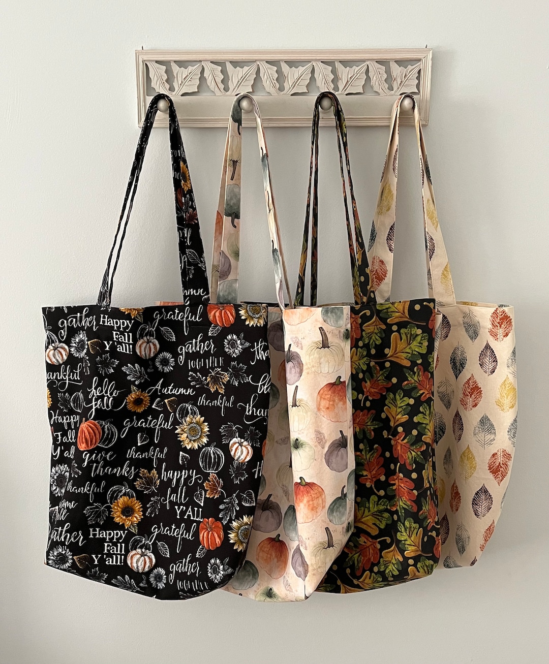 Handmade Fall Themed Tote Bag - Pumpkins - Autumn Leaves - Washable 100 ...