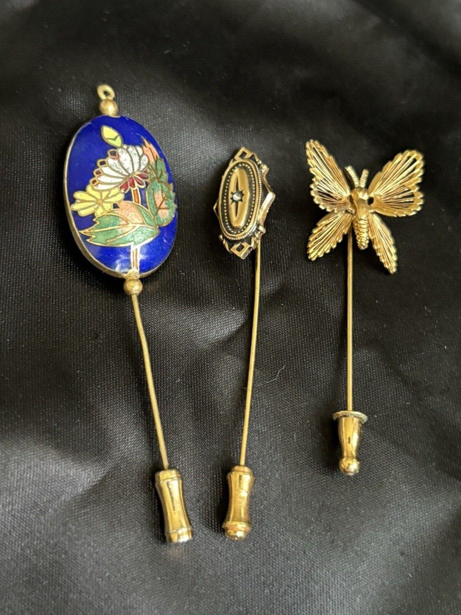 3 Vintage Stick Pins Butterfly Cloisonné Enamel Floral Gold Tone Monet ...