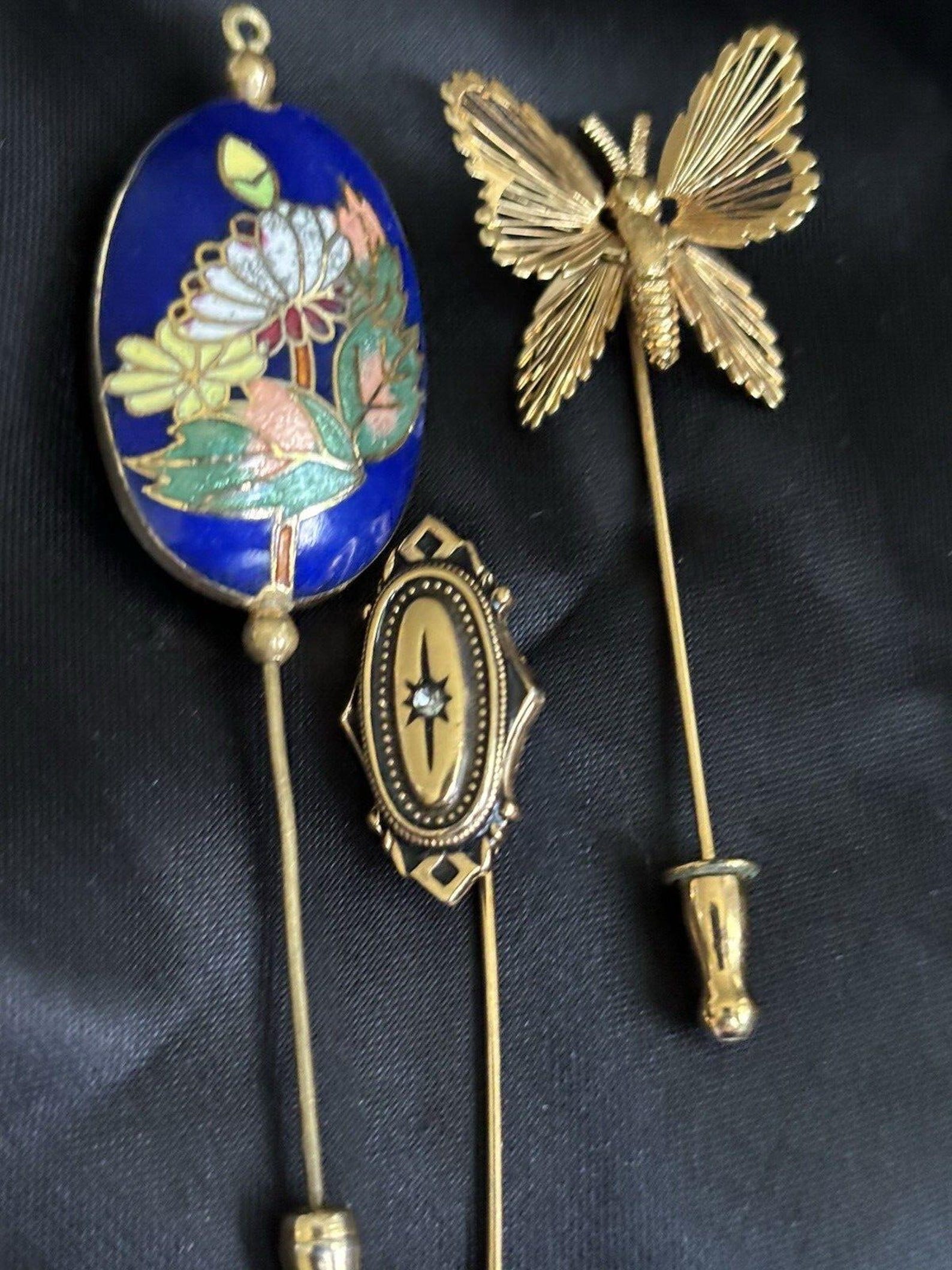 3 Vintage Stick Pins Butterfly Cloisonné Enamel Floral Gold Tone Monet ...